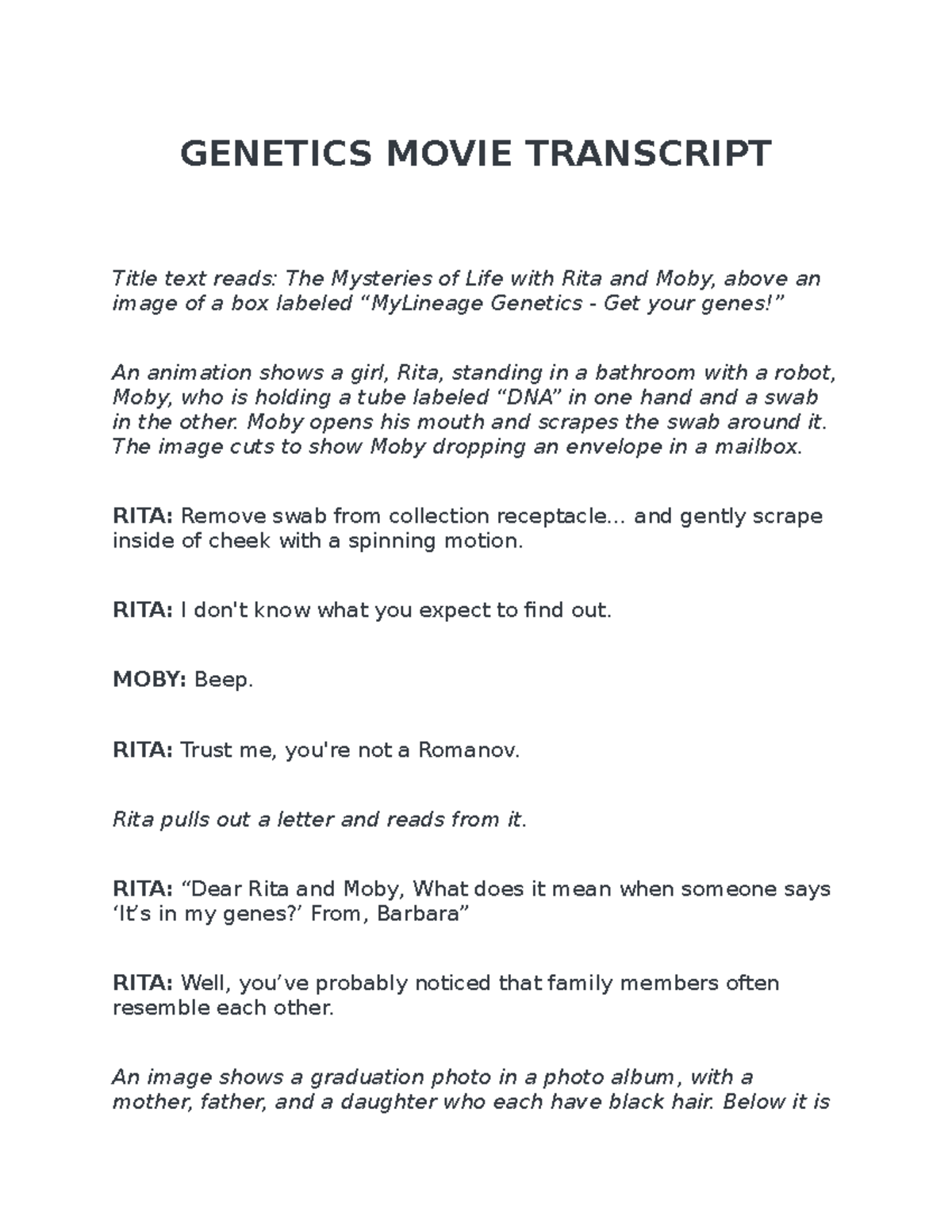 Genetics Movie Transcript - GENETICS MOVIE TRANSCRIPT Title text reads ...