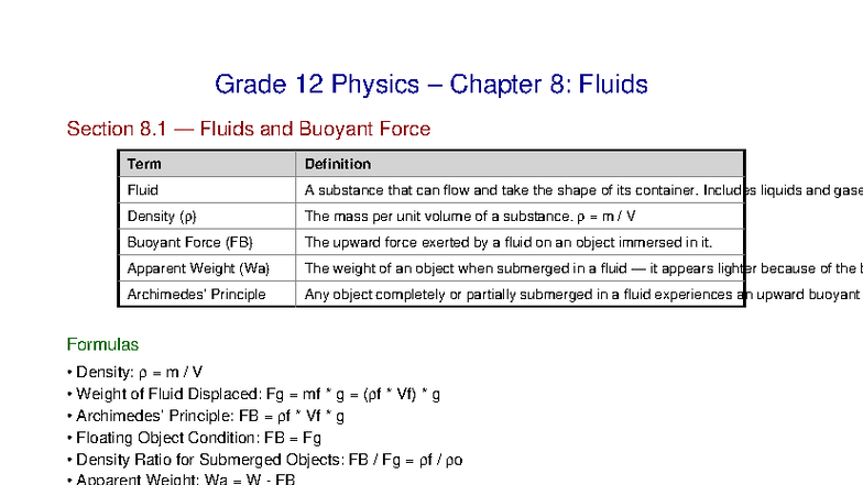 Chapter 8 Fluids Study Guide - Grade 12 Physics – Chapter 8: Fluids ...