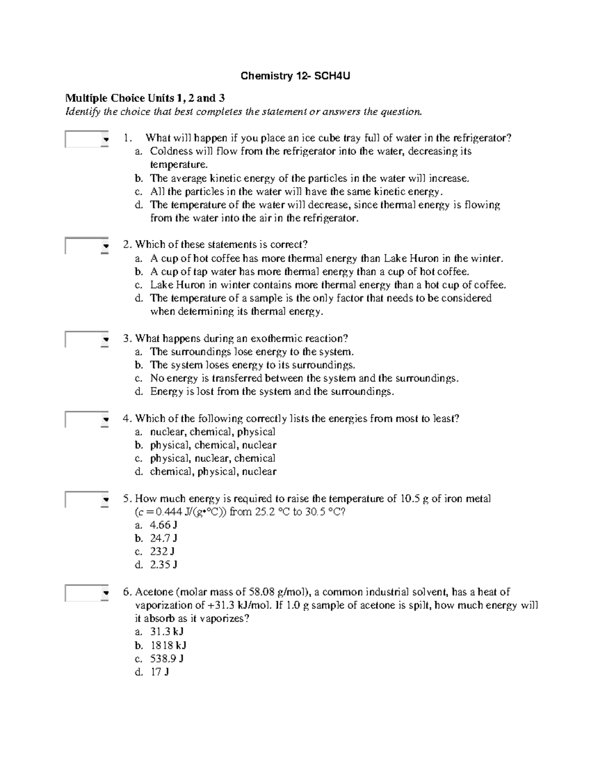Chemistry 12 - SCH4U Multiple Choice Exam Preparation Units 1-3 ...