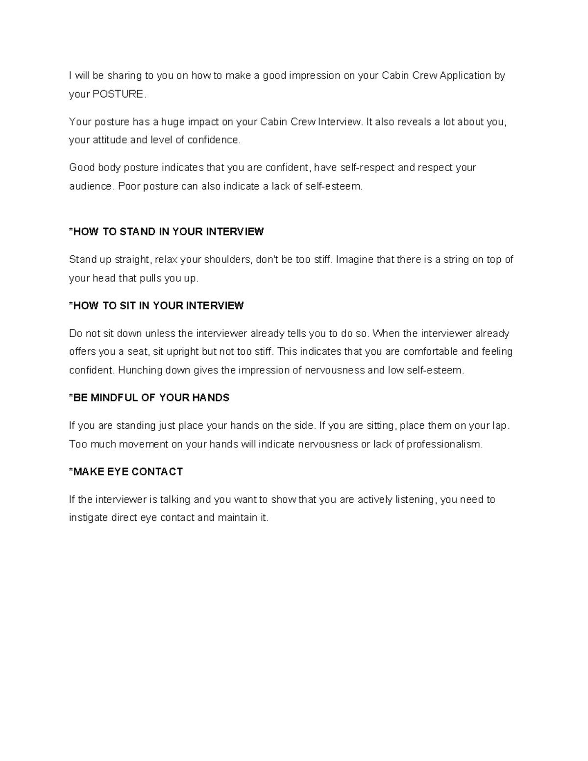 Proper Posture for Cabin Crew Interview Success - Studocu