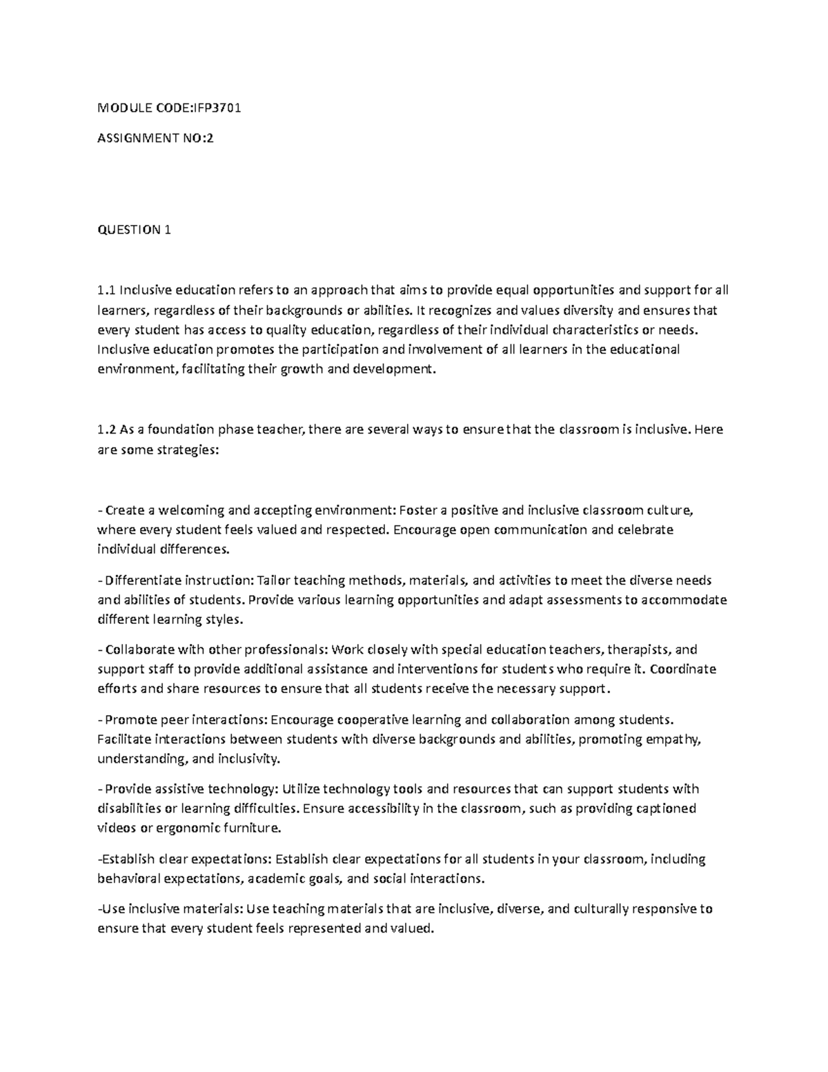 IFP3701 assignment 2 - MODULE CODE:IFP ASSIGNMENT NO: QUESTION 1 1 Inclusive education refers to ...