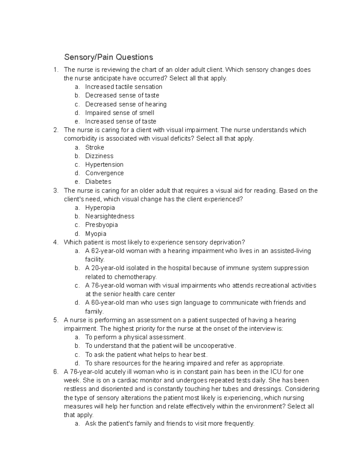 NUR 1800 Exam #2: Sensory Changes and Patient Care Questions - Studocu