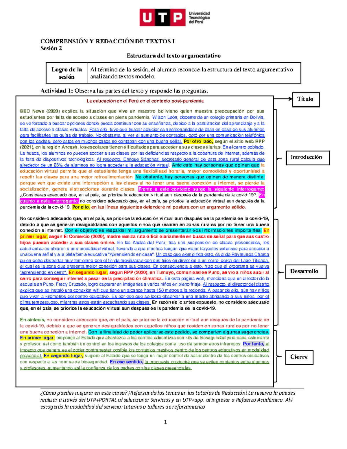 Estructura del Texto Argumentativo I - Sesión 2: Análisis y Reflexiones - Studocu