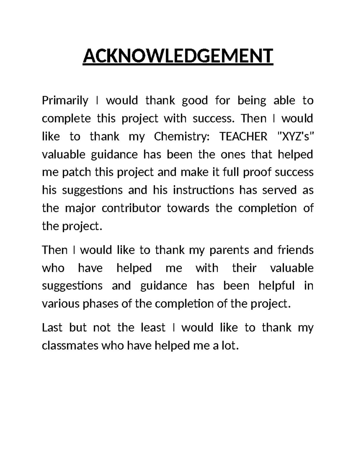 Acknowledgement for Project 12-1 in Chemistry - Studocu