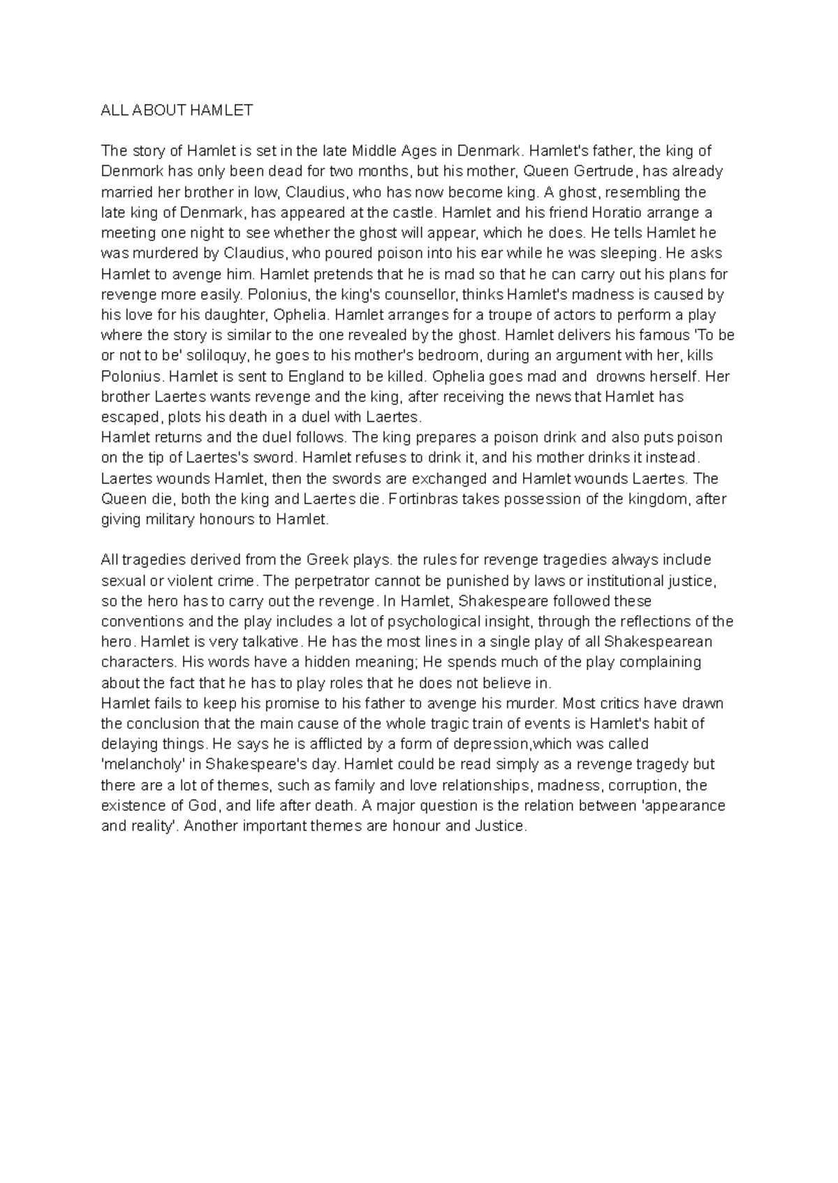 Hamlet (ENG 101) - Summary of Shakespeare's Tragedy - Studocu