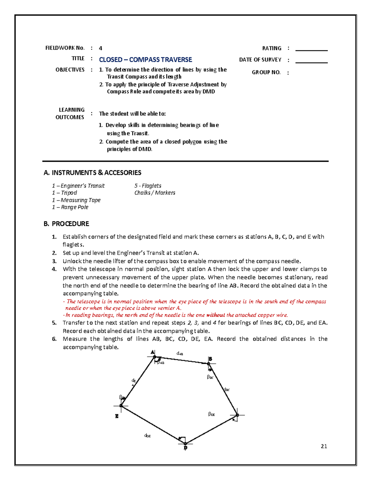 Fieldwork No. 4: Closed Compass Traverse & Adjustment Techniques - Studocu