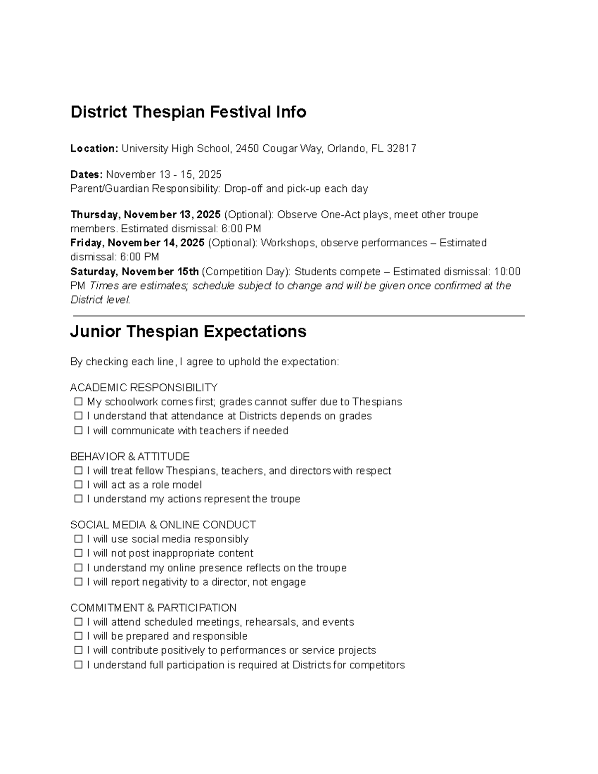 Junior Thespian Festival Info & Consent Packet (2025) - Studocu