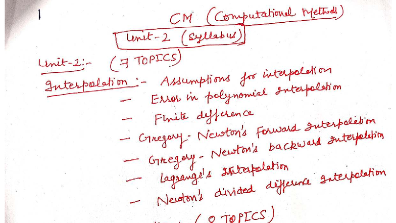 Unit 2 CM (Computational Methods) Notes on Interpolation & Finite ...
