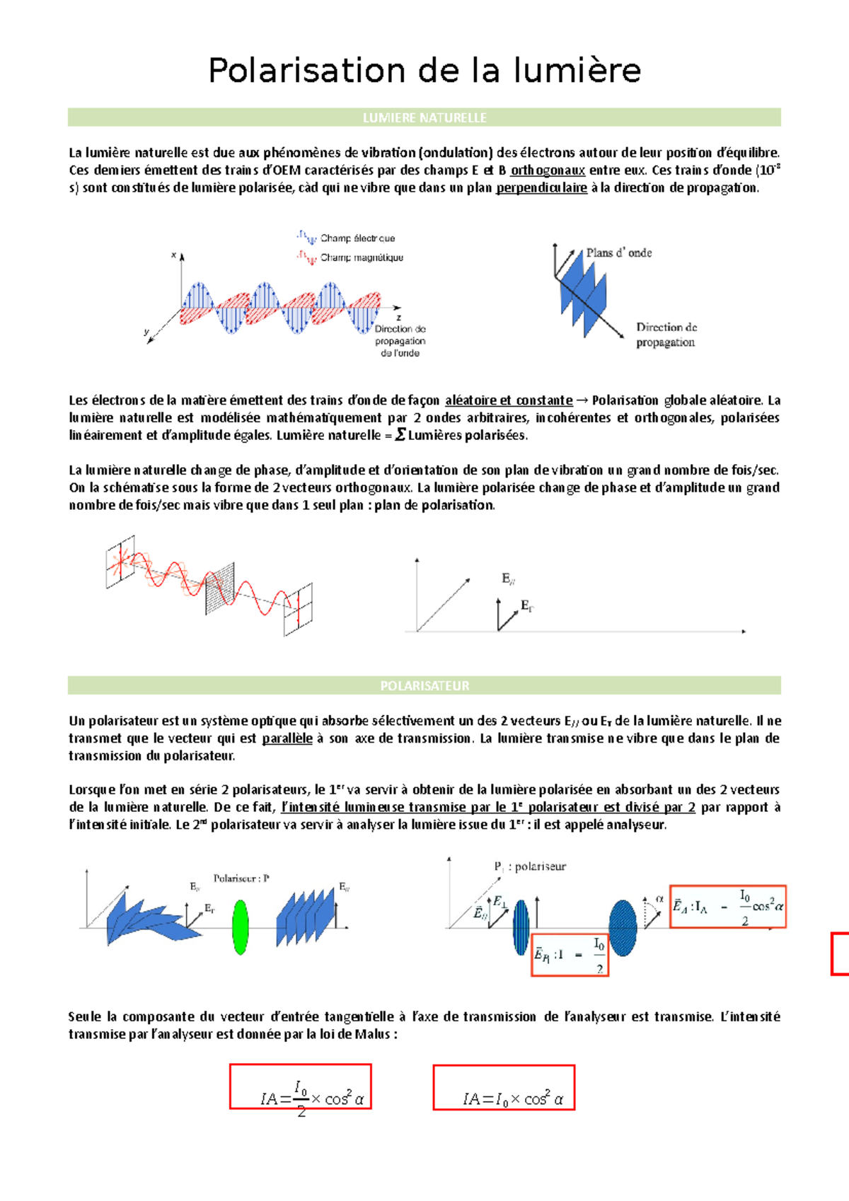 Cours sur la Polarisation de la Lumière: Concepts et Applications - Studocu
