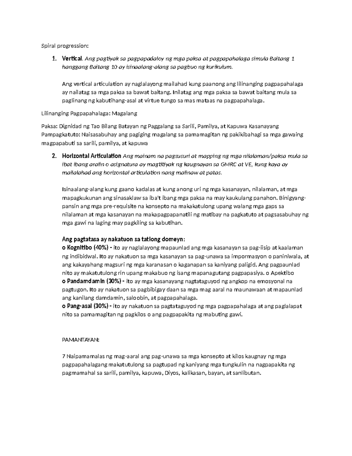 ESP 7 CG Matatag - Gabay sa Kurikulum at Spiral Progression - Studocu
