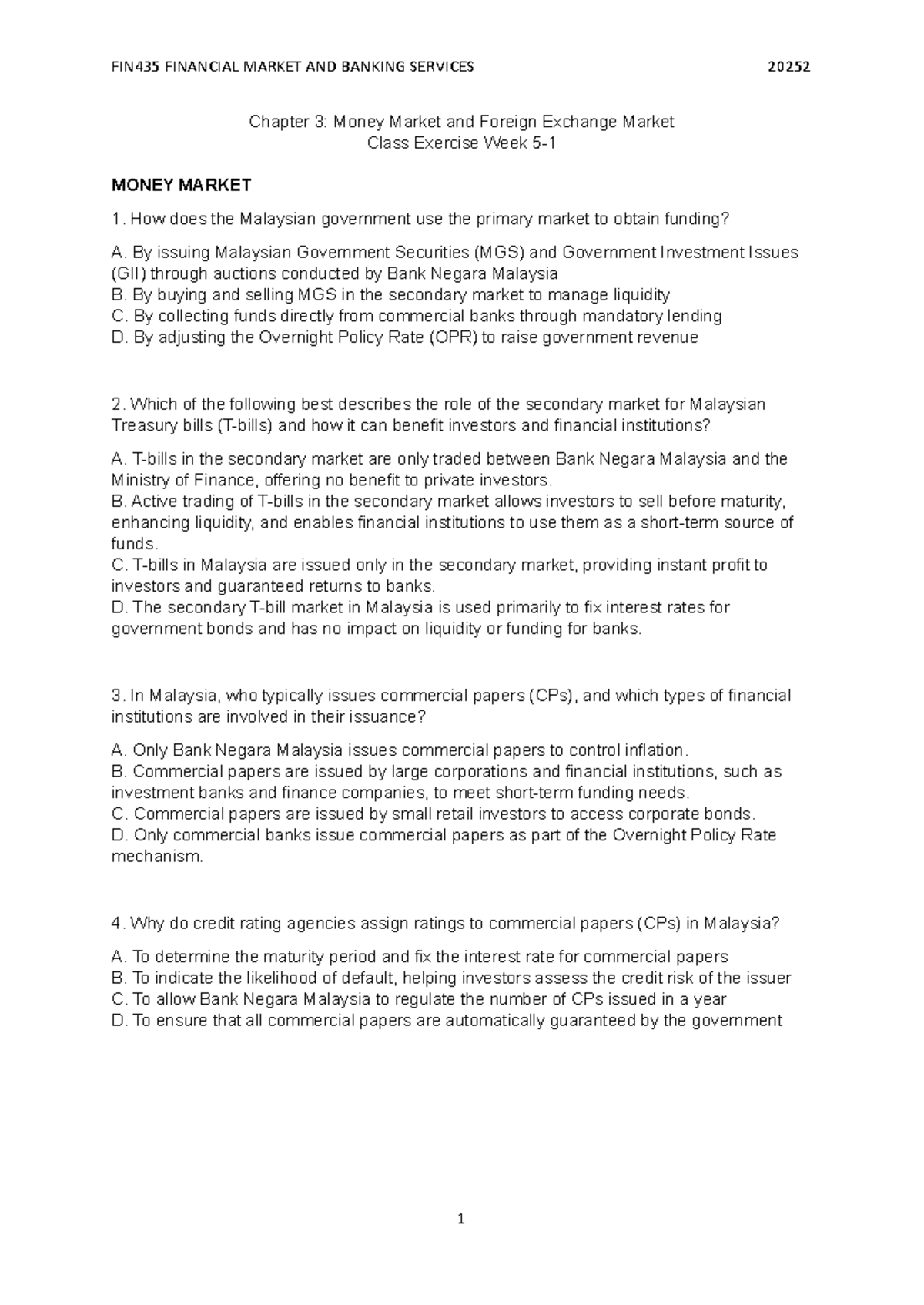 Chapter 3 Class Exercise: Money Market & Forex Market Insights - FIN435 - Studocu