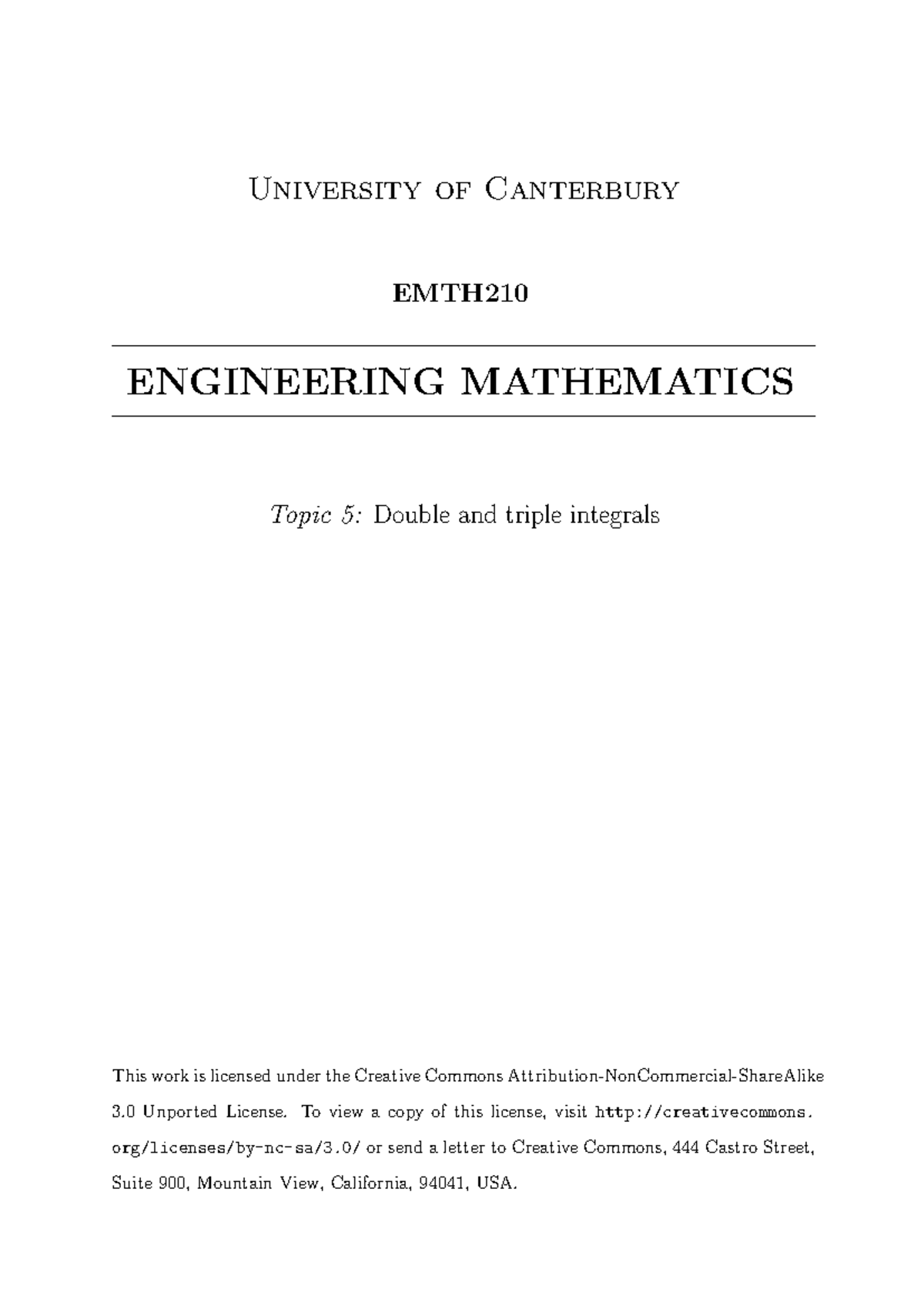 EMTH210 Engineering Mathematics: Double & Triple Integrals Notes - Studocu