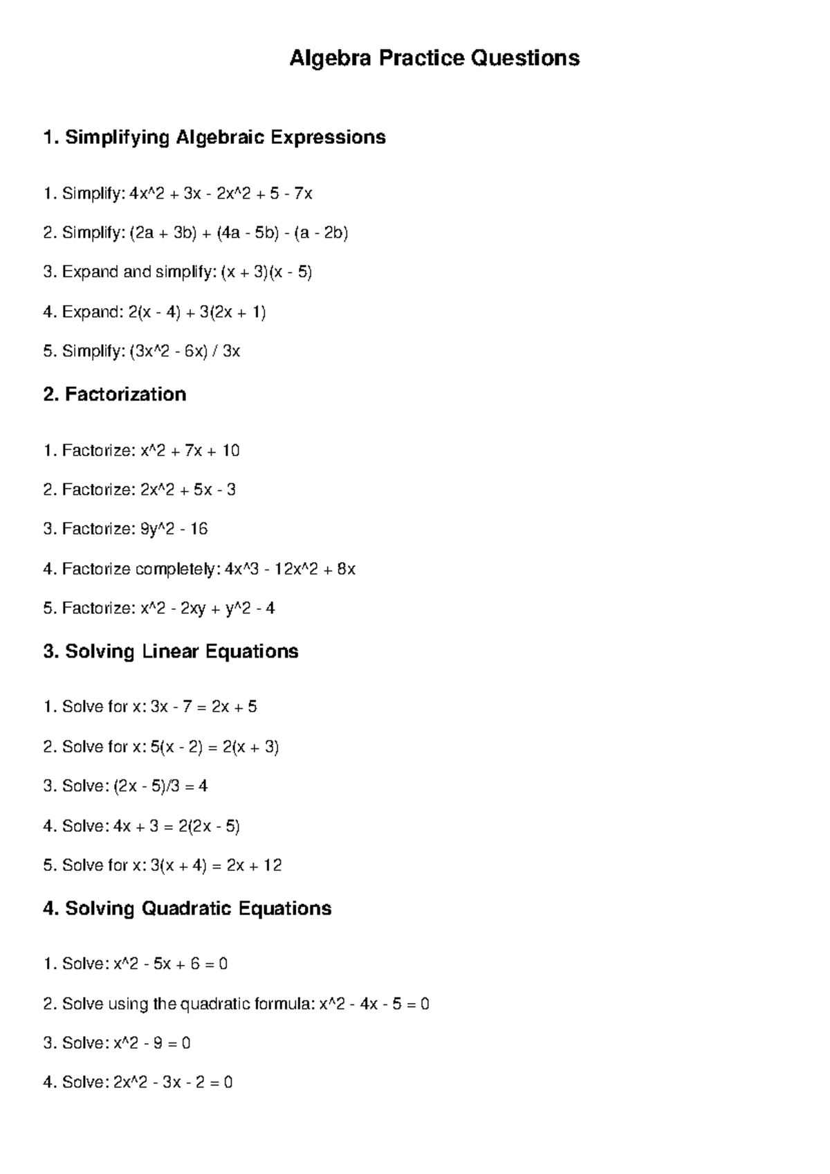 Algebra Practice Questions: Simplifying, Factoring & Solving - Studocu