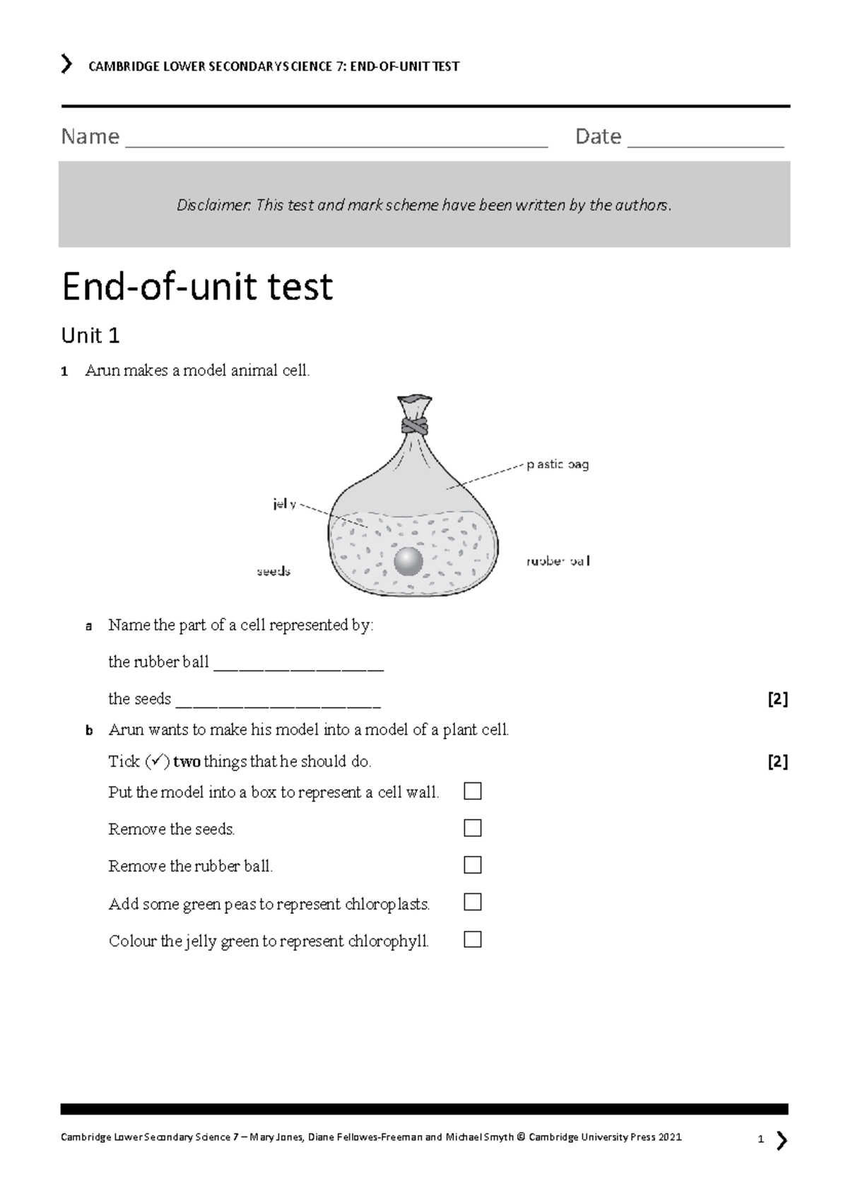 CAMBRIDGE LOWER SECONDARY SCIENCE 7: UNIT 1 TEST & MARK SCHEME - Studocu