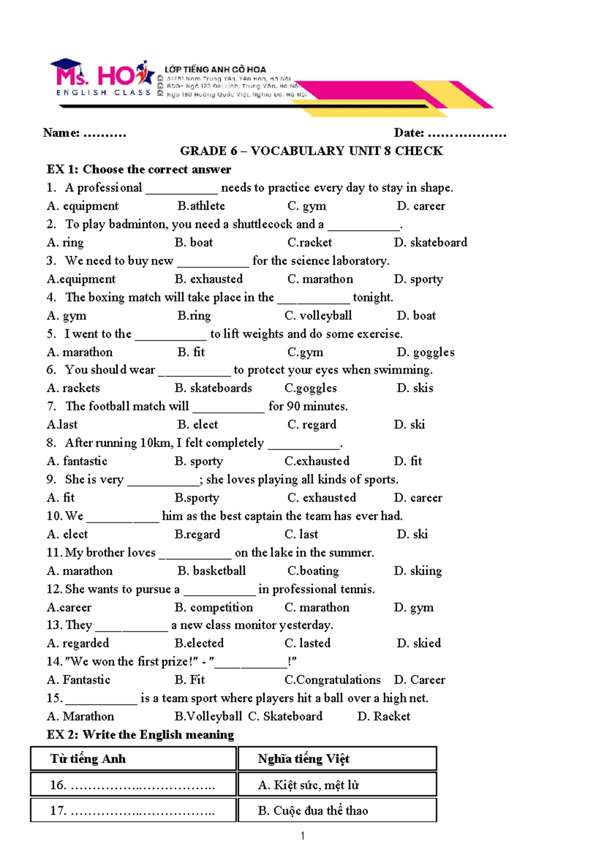 GS6 - Grade 6 Vocabulary Unit 8 Check Exercises - Studocu