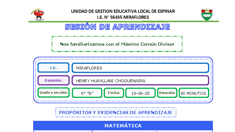 Sesión de Aprendizaje sobre el Máximo Común Divisor (MCD) - I.E. 56435 ...