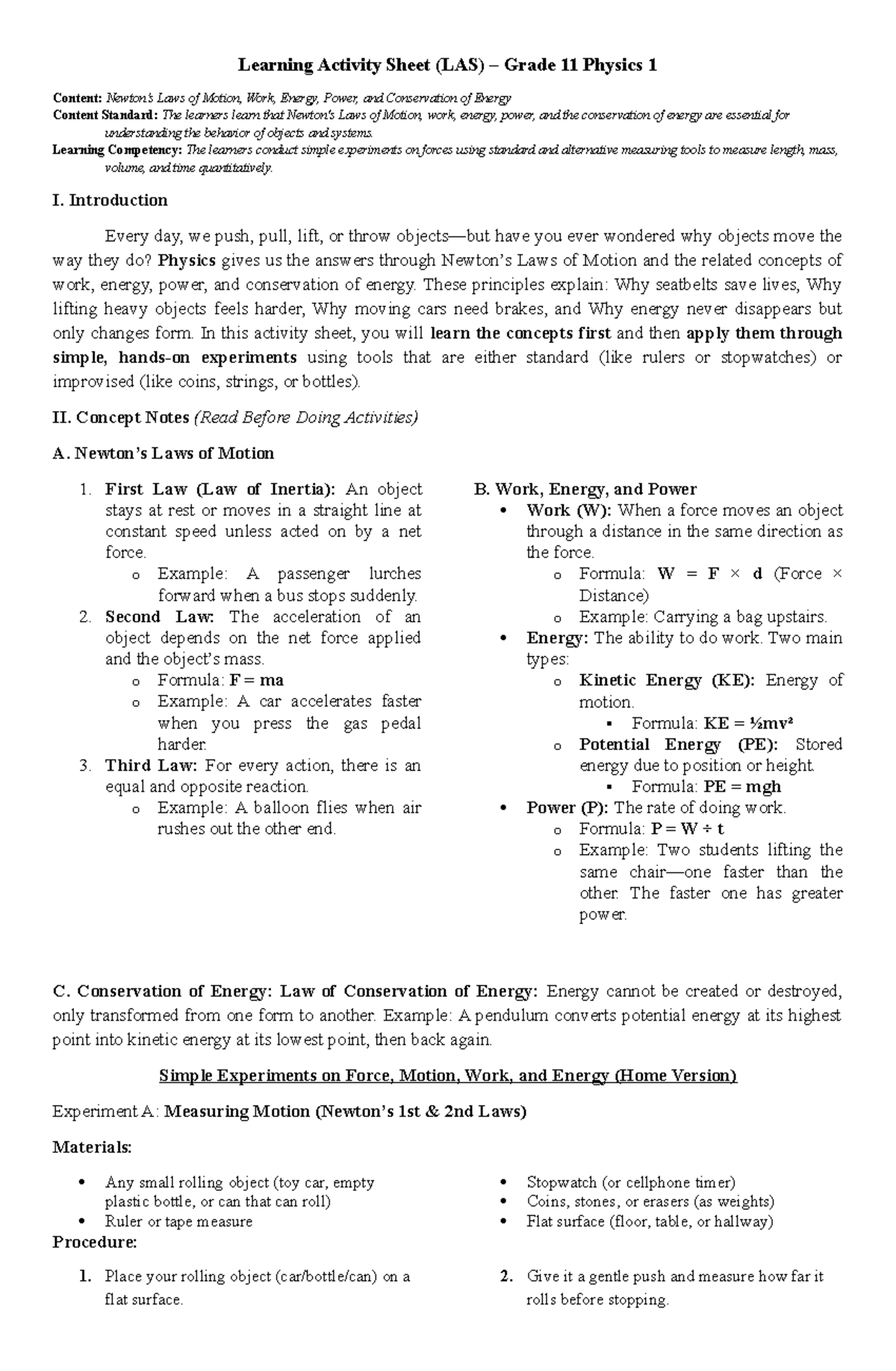 LAS Grade 11 Physics 1: Exploring Laws of Motion & Energy Concepts ...