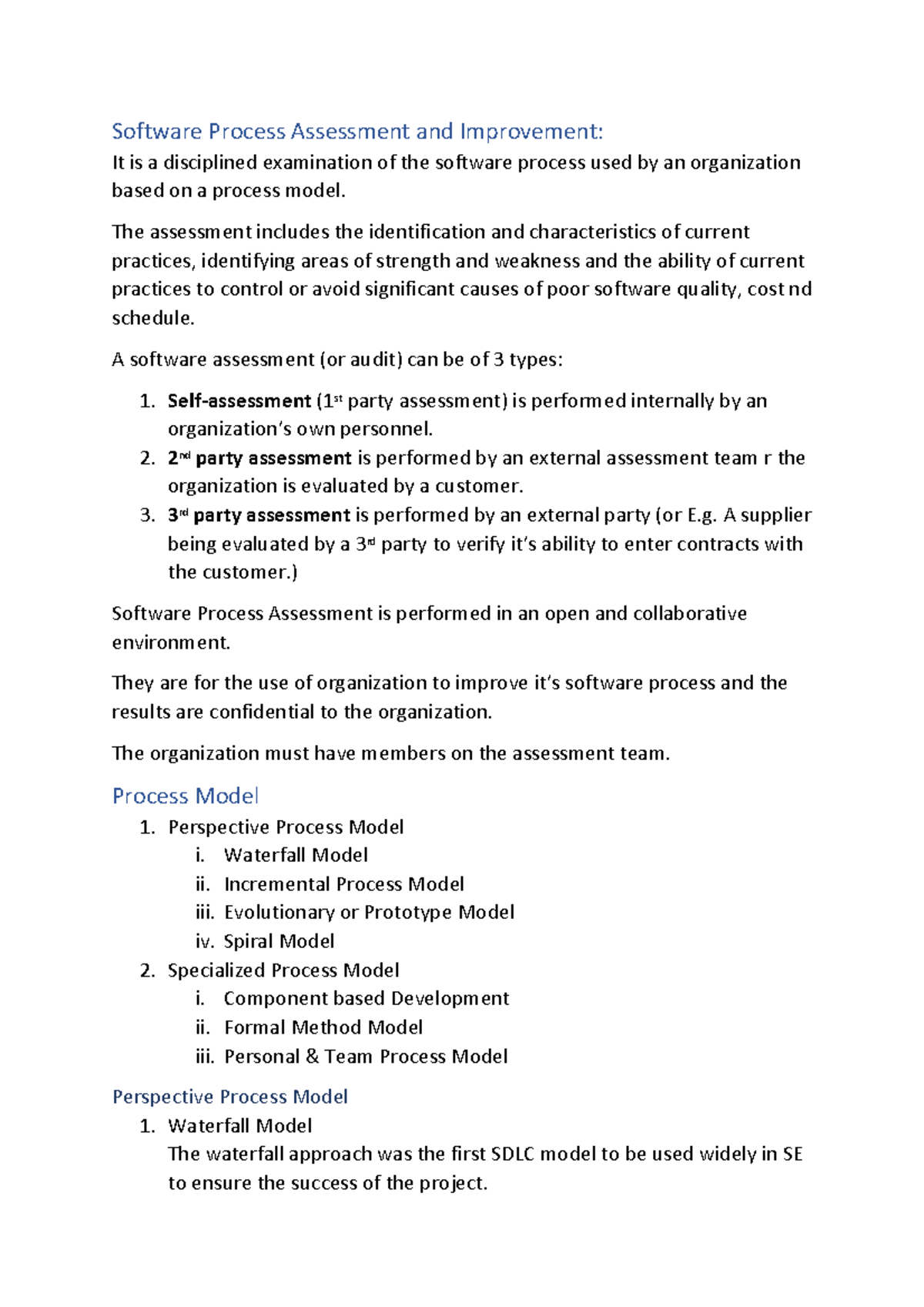 Software Engineering (SE-4) Process Assessment & Improvement Notes ...