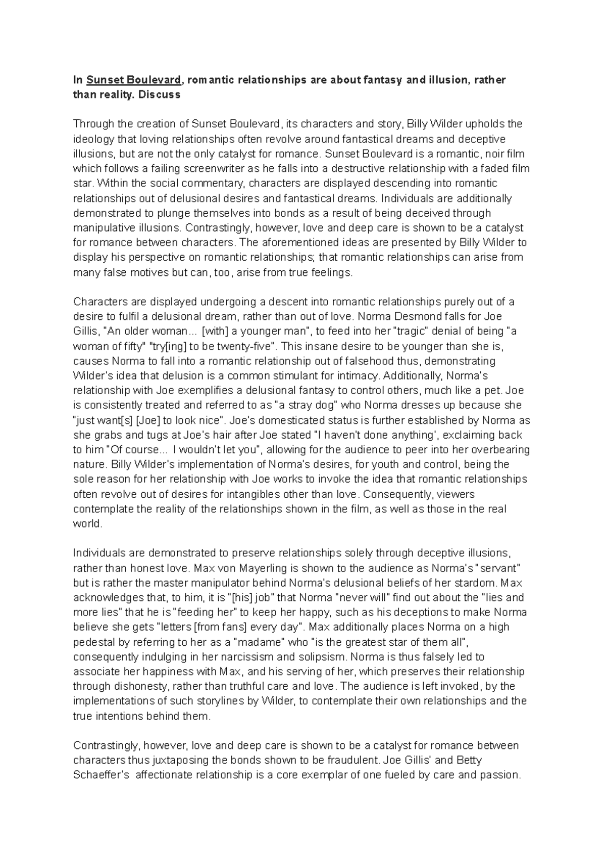 Essay on Romantic Relationships in Sunset Boulevard (ENG 101) - Studocu