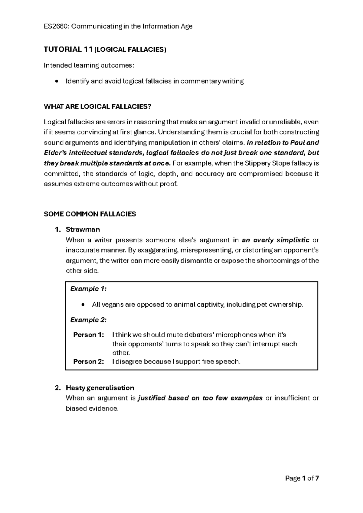 ES2660: Tutorial 11 - Understanding Logical Fallacies in Writing - Studocu