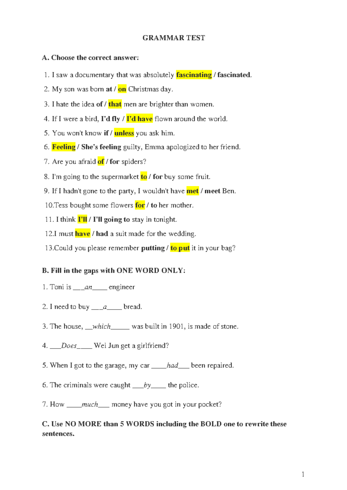 Grammar Test - Bài Làm - Key Answers & Exercises Overview - Studocu