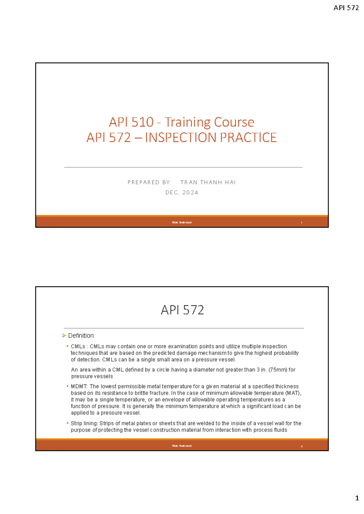 API 572 - Inspection Practice Guidelines and Key Concepts - Studocu
