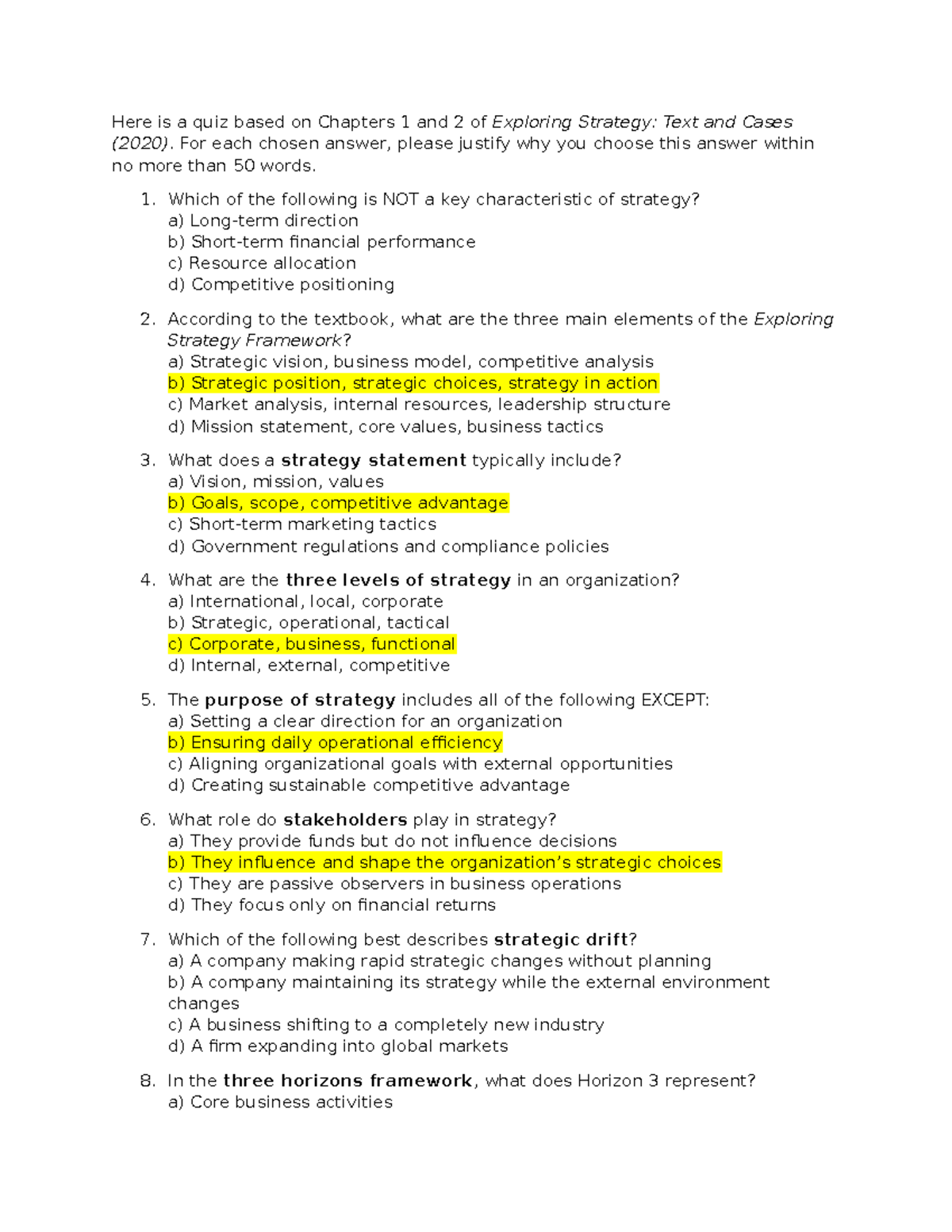 Quiz 1 - Exploring strategy chapters 1 and 2 questions and answers ...