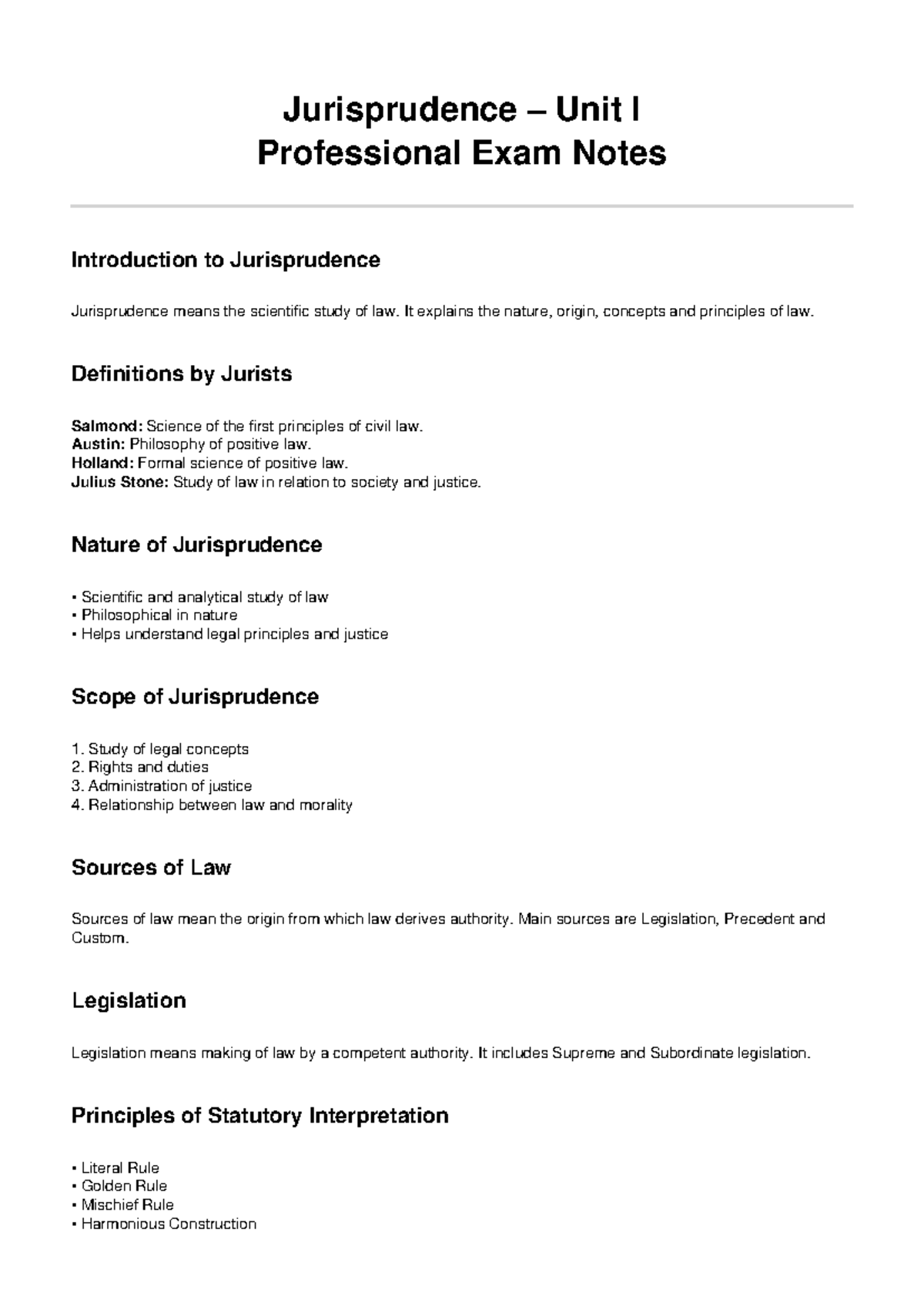 Jurisprudence Unit I: Professional Exam Notes on Legal Principles - Studocu