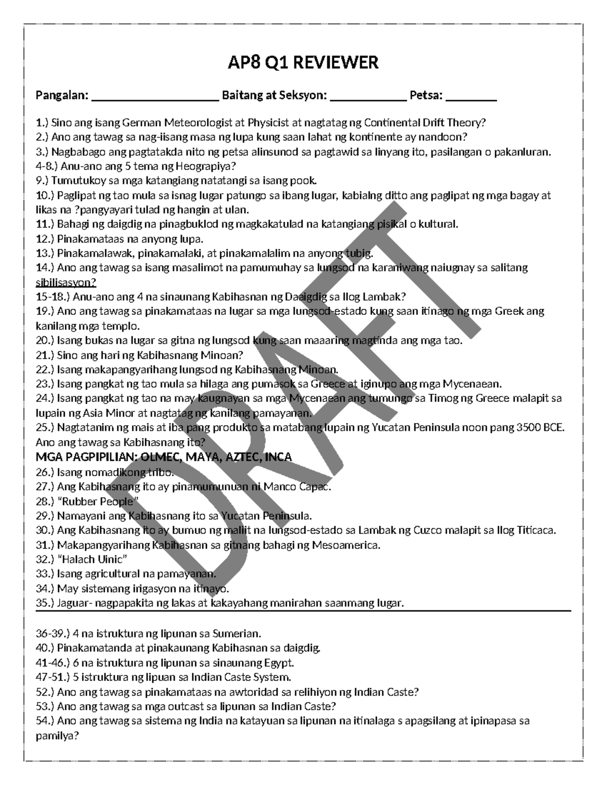 AP8 Q1 Reviewer: Key Concepts in Geography and Ancient Civilizations ...