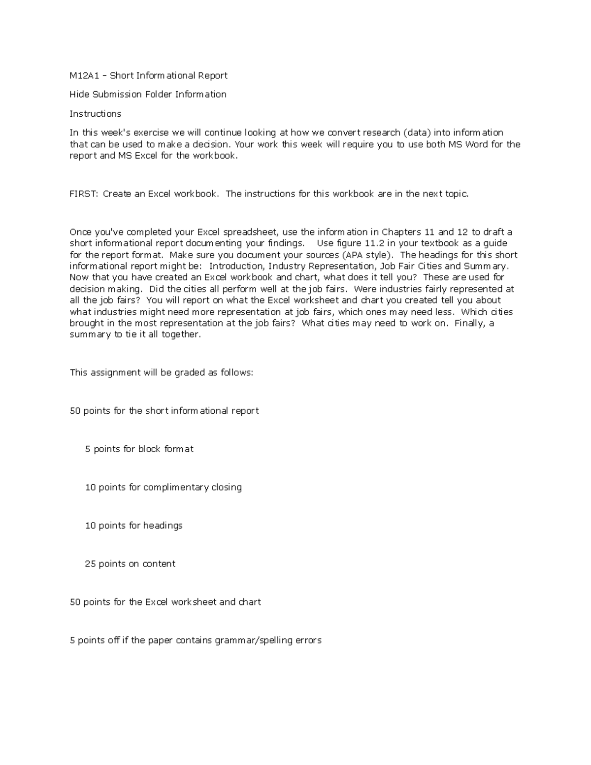 M12A1 - Short Informational Report on Job Fair Results and Industry ...