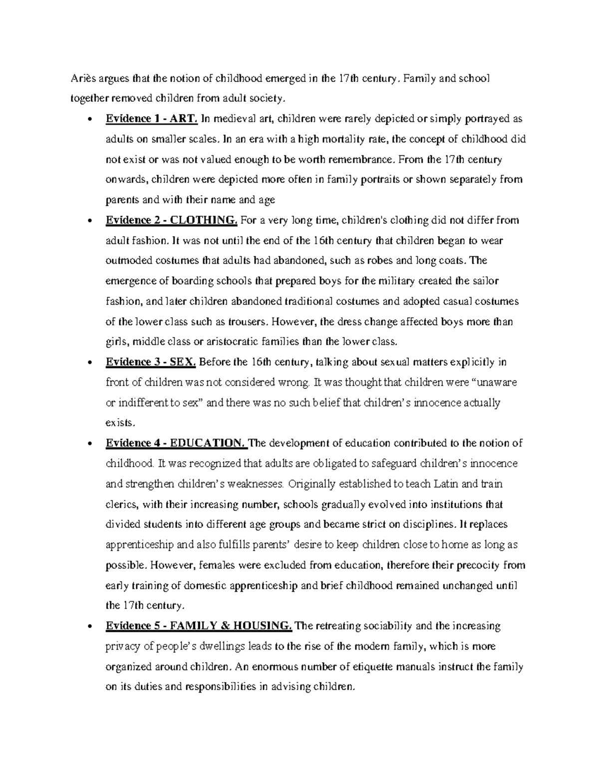 Summary of Ariès' Concepts on Childhood Development - Studocu