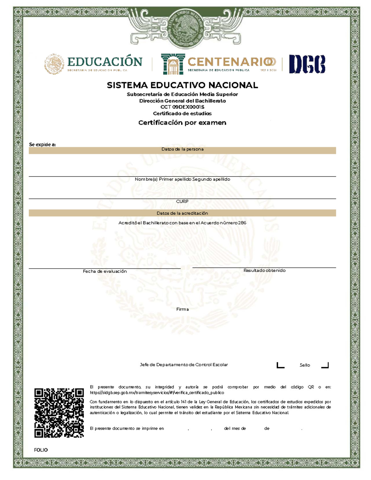 Certificado de Estudios Bachillerato CCT 286 - Sistema Educativo ...
