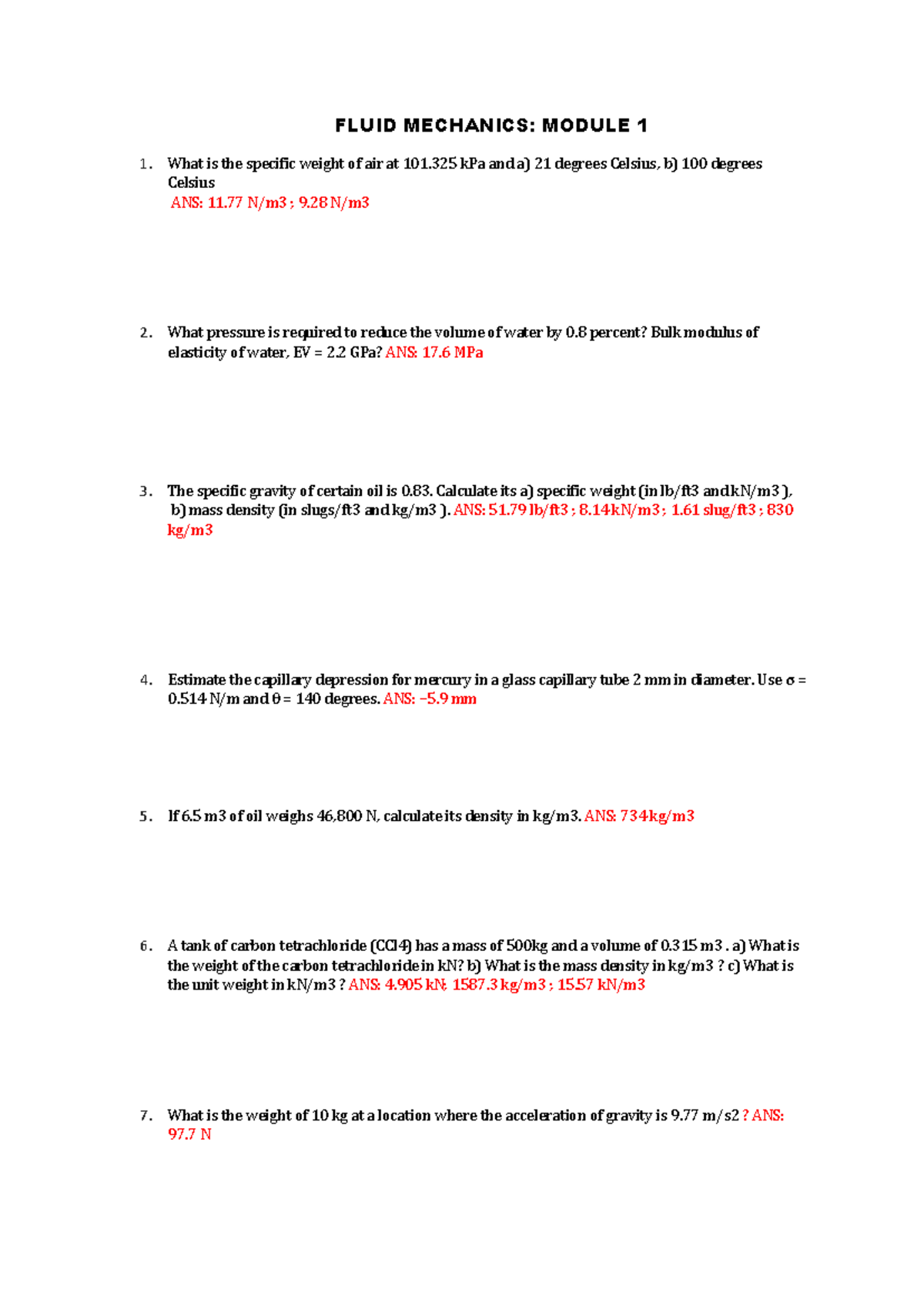 Fluid Mechanics Module 1 (Practice Problems) - 120701 - Studocu