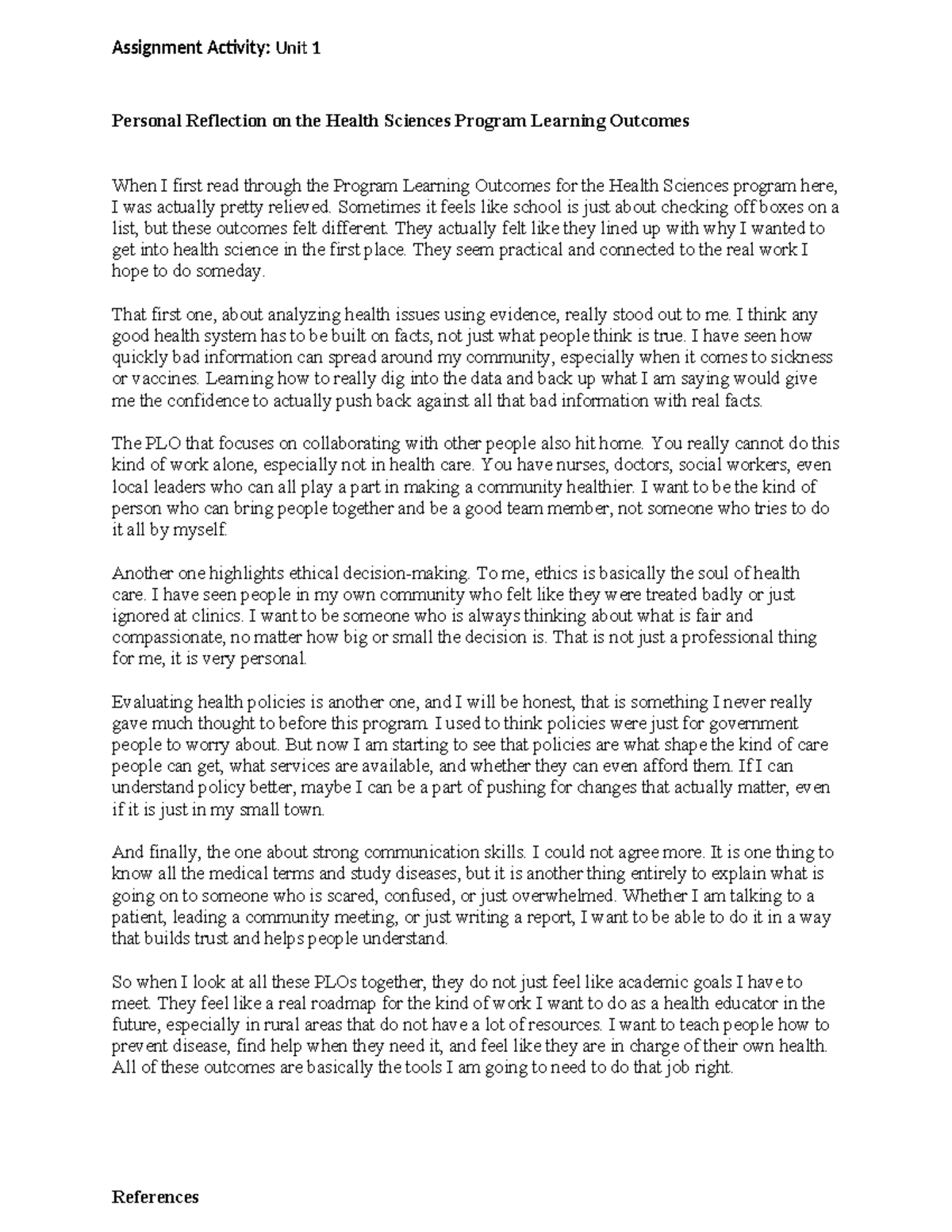 Health Sci Assignment Activity: Unit 1 Reflection on Learning Outcomes ...