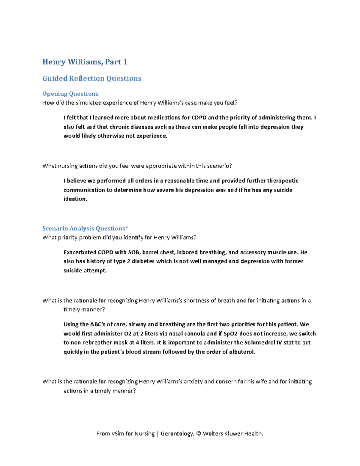 NURS 302 Reflection Questions on Henry Williams Case Study - Studocu