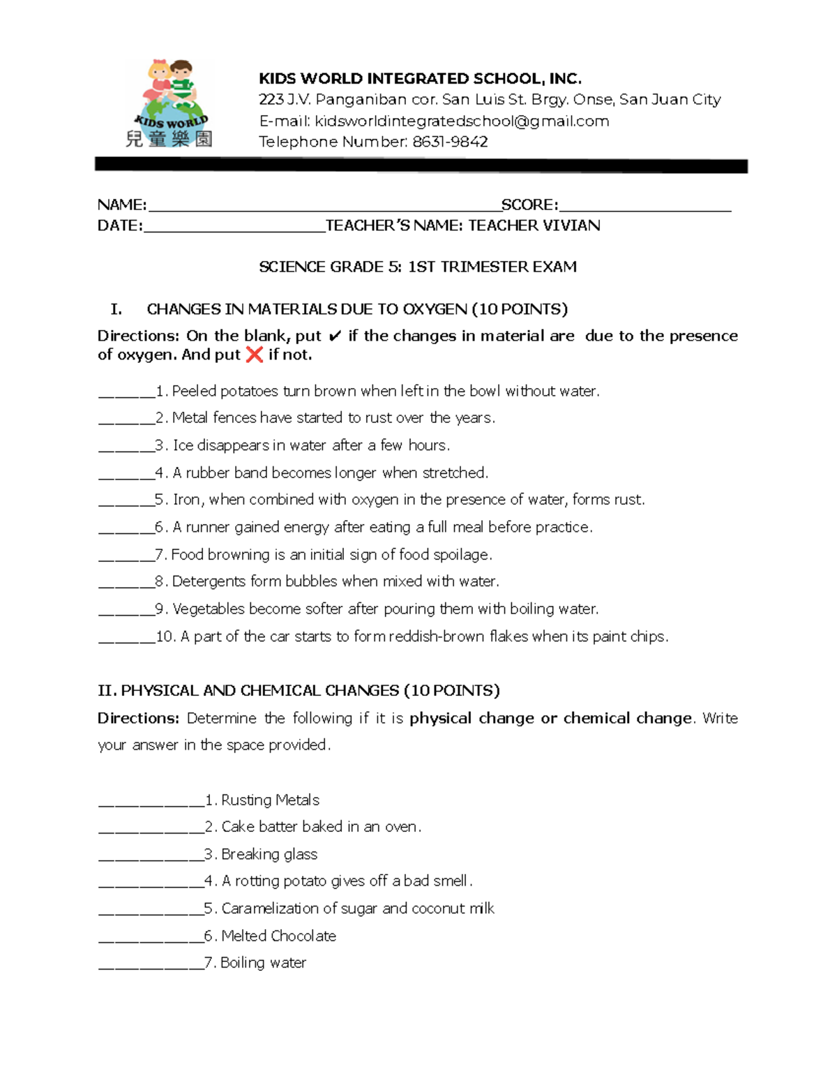 Grade 5 - Science 1ST Trimester EXAM (M) - KIDS WORLD INTEGRATED SCHOOL ...