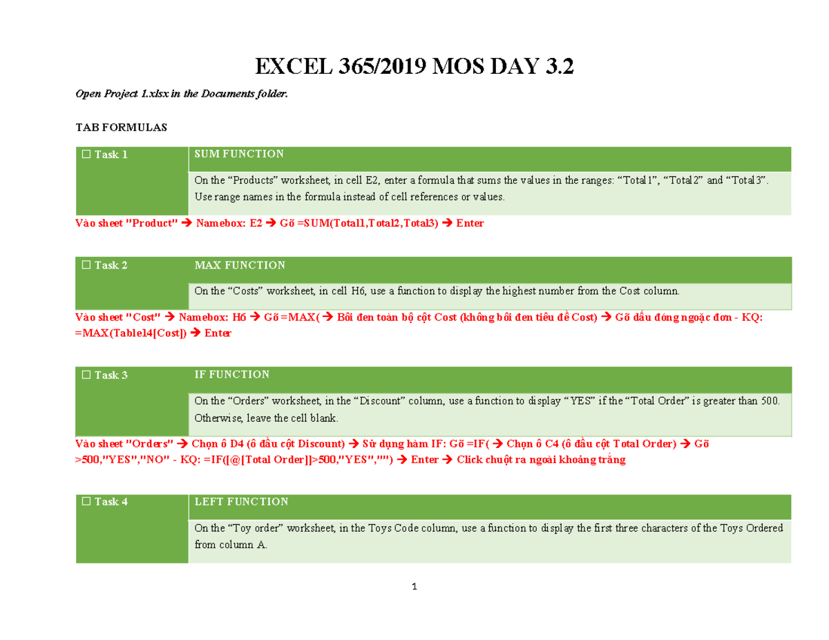 EXCEL 365/2019 MOS DAY 3.2 - Practice Tasks and Functions - Studocu