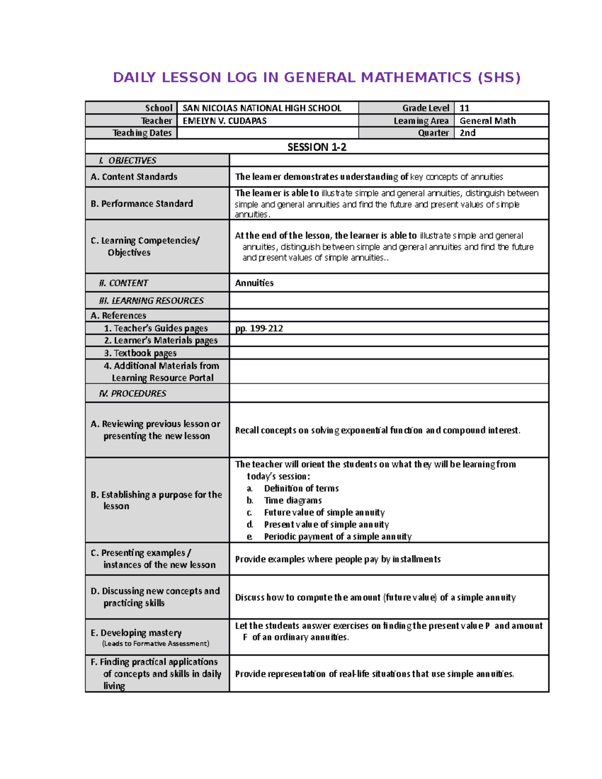 419900604 General Math SHS Lesson Log: Annuities & Logarithms - Studocu
