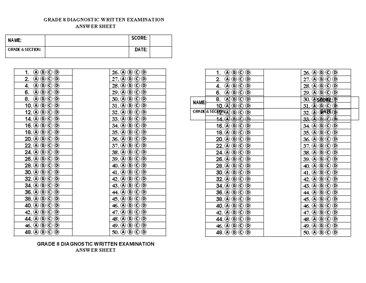 GRADE 8 DIAGNOSTIC WRITTEN EXAMINATION ANSWER SHEET - Studocu