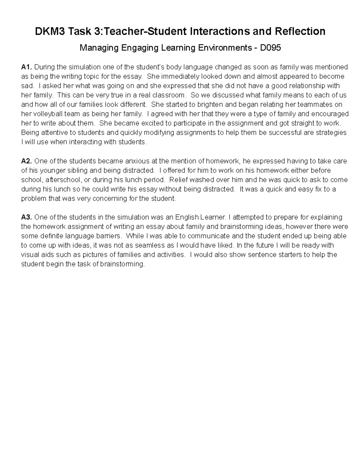 DKM3 Task 3: Teacher-Student Interactions & Reflection Insights - Studocu