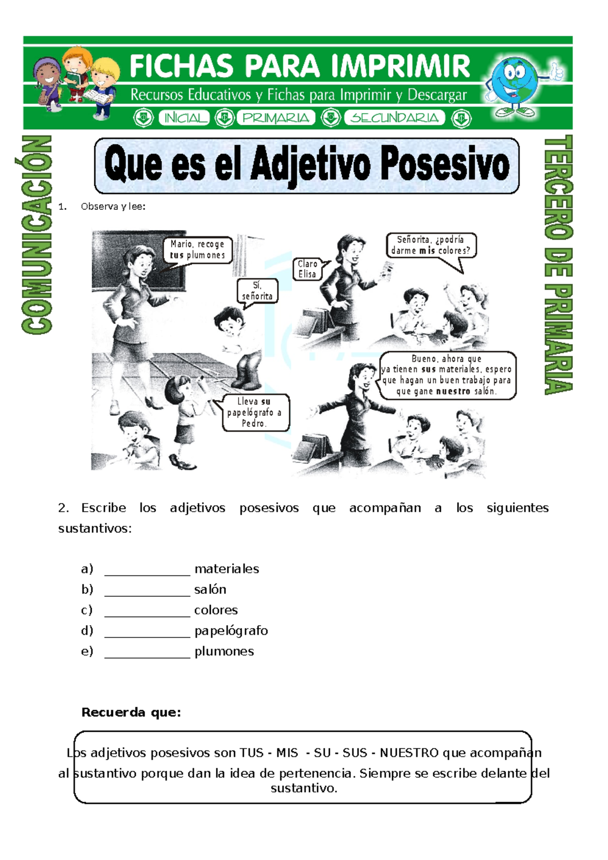 Adjetivos Posesivos para 3° de Primaria - Ejercicios y Ejemplos - Studocu