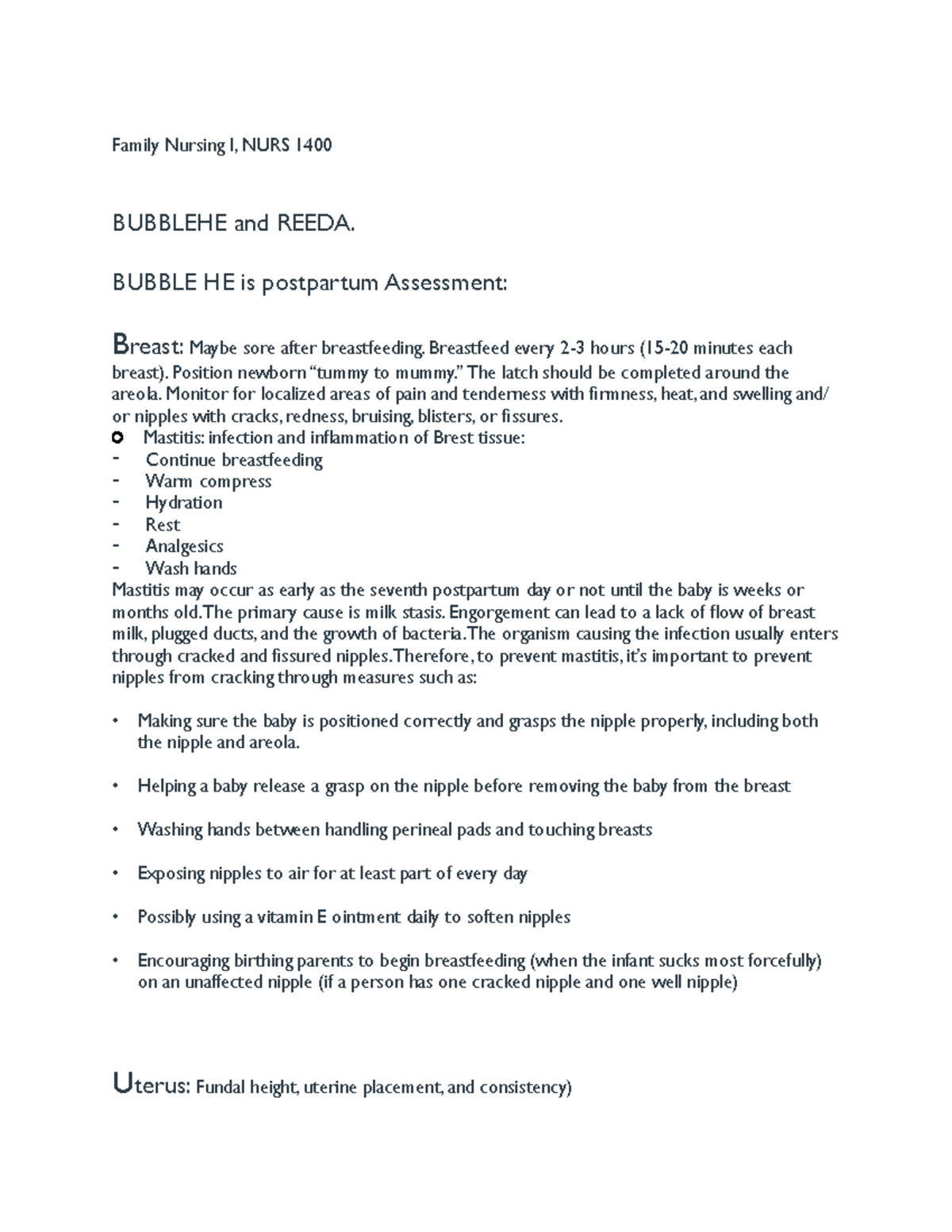 Family Nursing I: BUBBLEHE and REEDA Postpartum Assessment Guide - Studocu