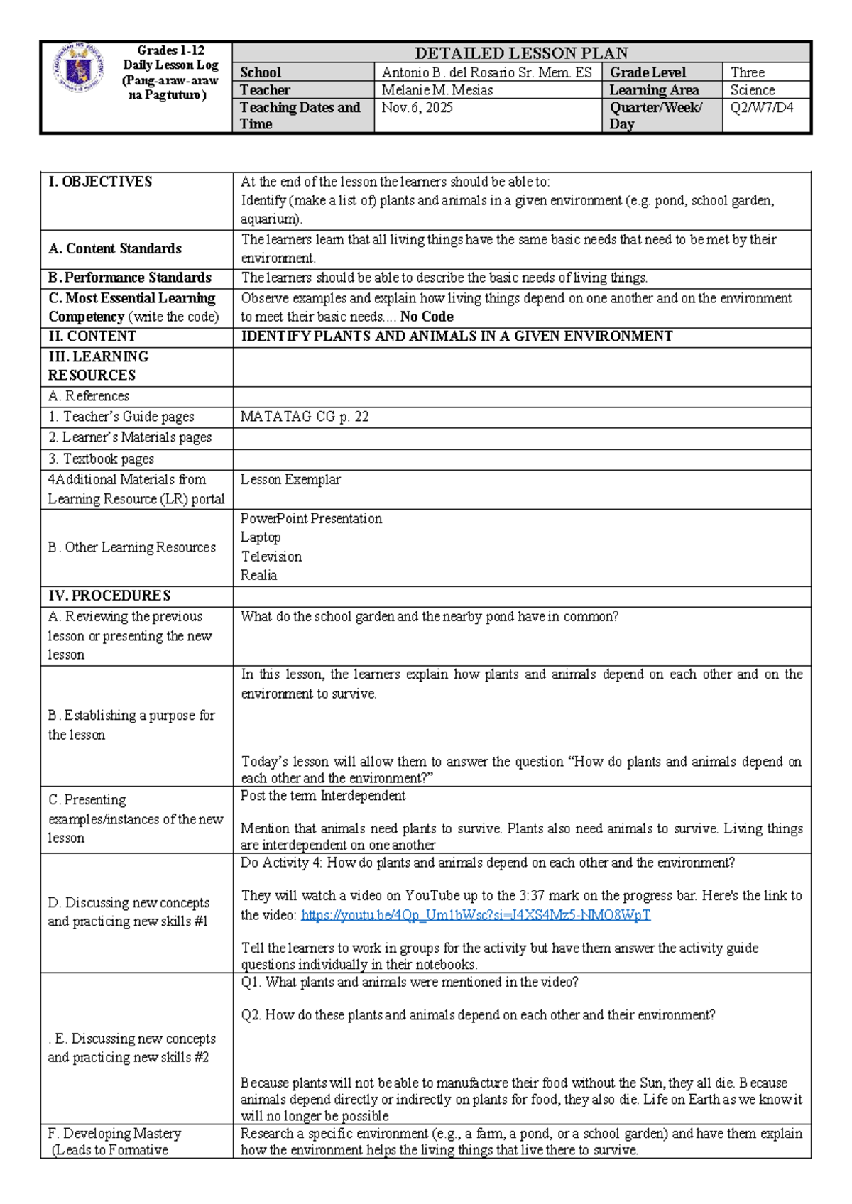 DLP - Science 3 - Week 7 Day 4 Lesson Plan on Interdependence - Studocu