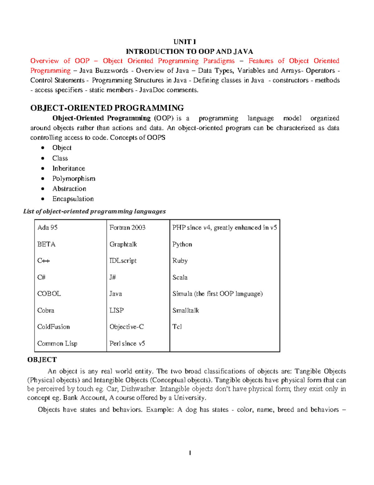 OOP and Java Overview: Concepts, Features, and Programming Basics - Studocu