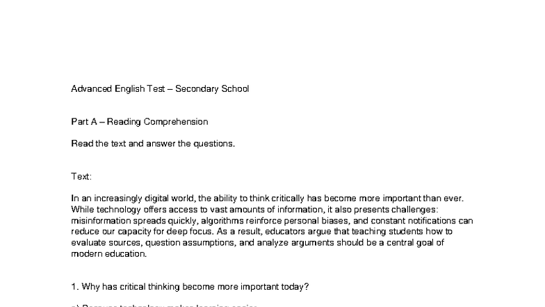 Advanced English Test - Secondary School Part A: Reading Comprehension ...