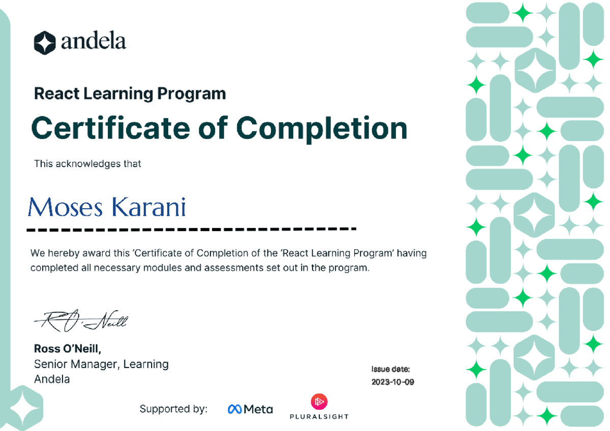 Andela cert - certificate - Catering and accommodation - andela React ...