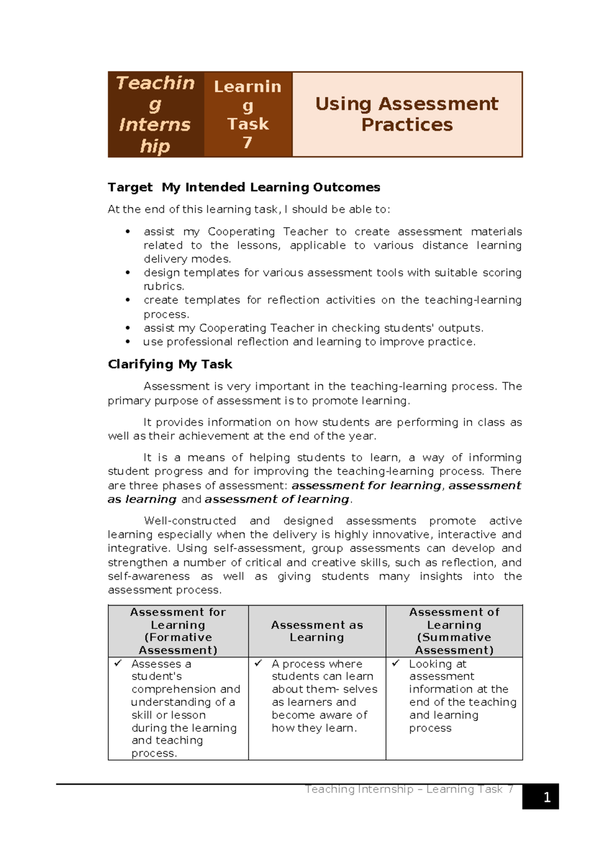 Teaching Internship: Learning Task 7 on Assessment Practices - Studocu