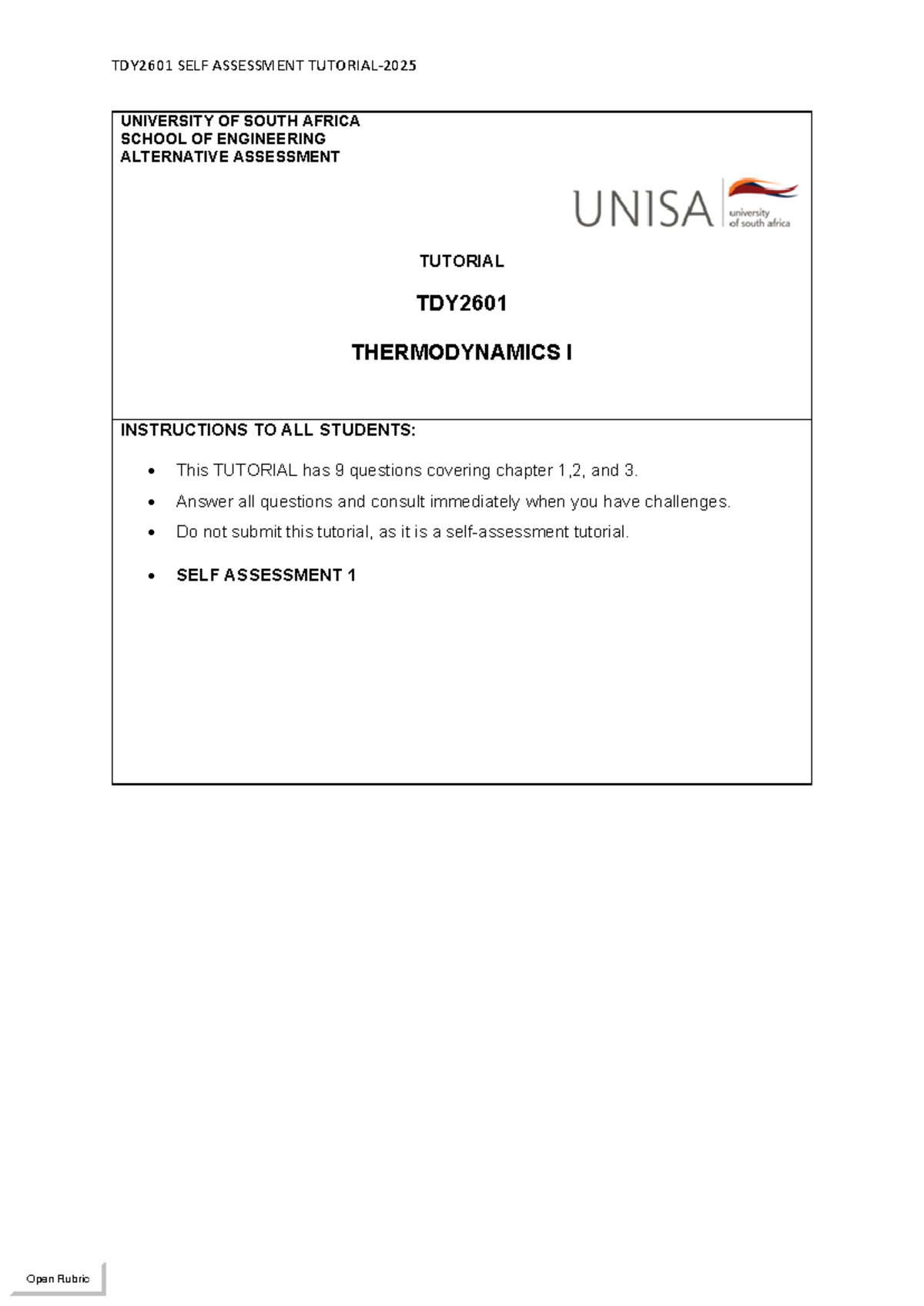 TDY2601-2025 Self Assessment Tutorial: Thermodynamics I Questions - Studocu