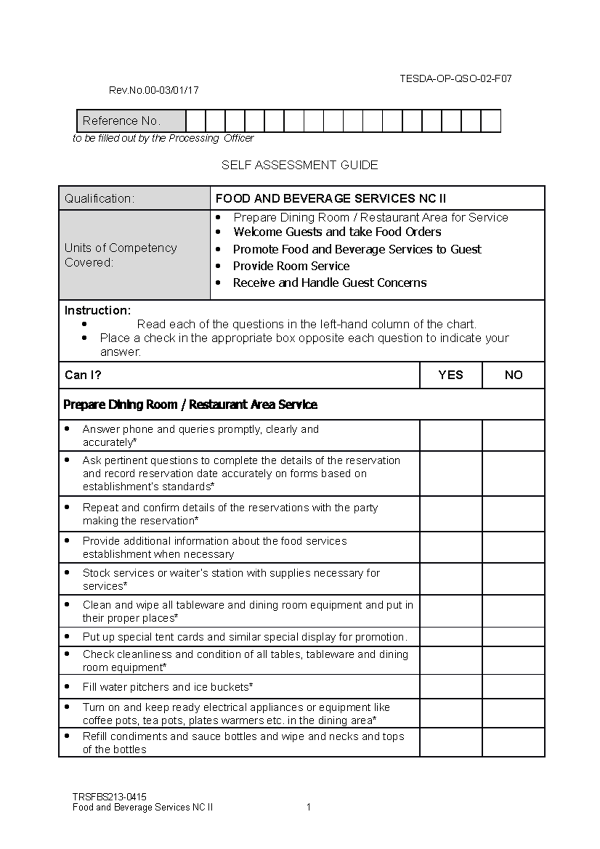 SELF Assessment Guide(FBS) - TESDA-OP-QSO-02-F Rev.No-03/01/ Reference ...