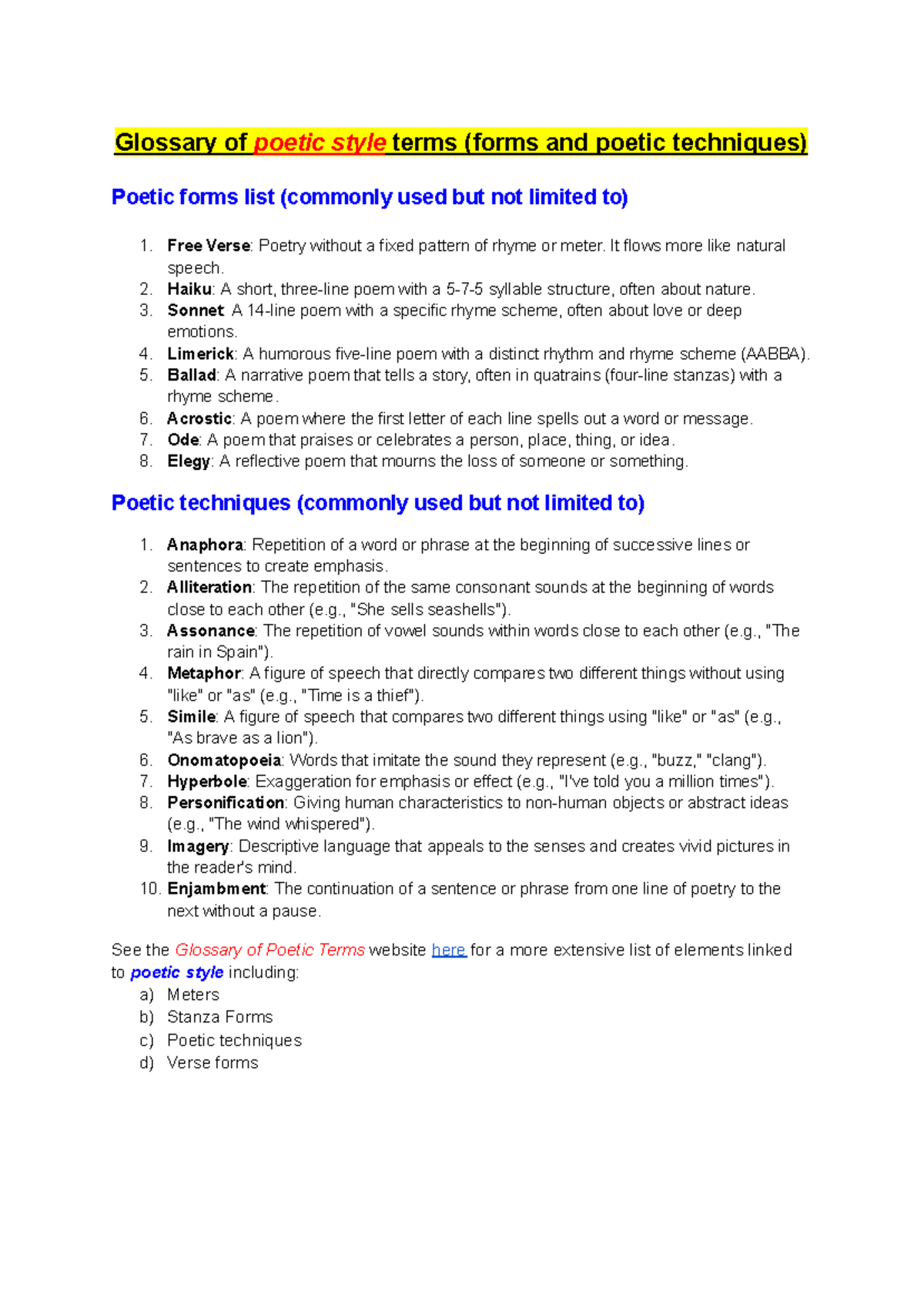 Poetic Styles Glossary: Commonly Used Terms and Techniques - Studocu
